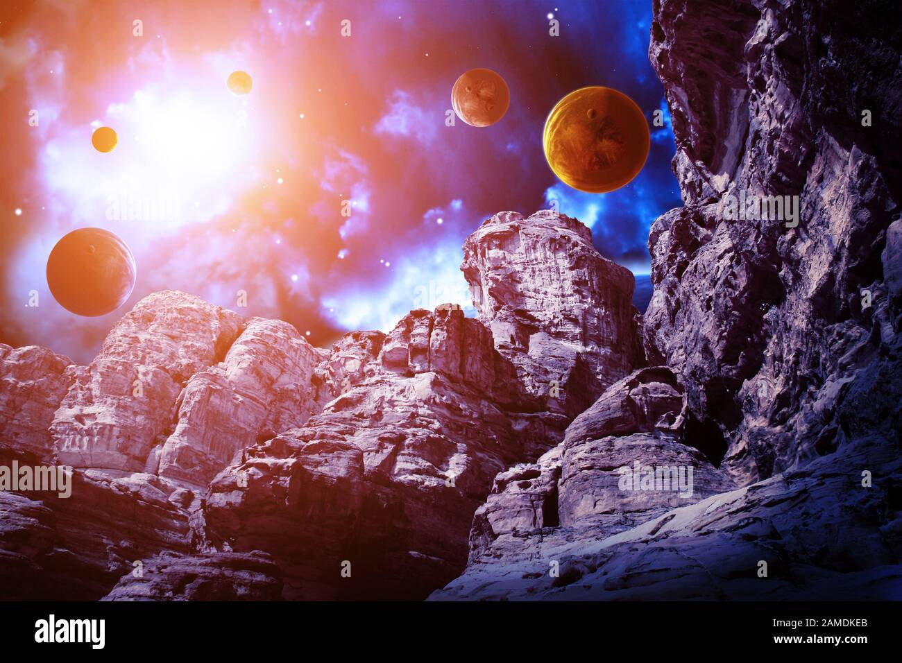 A beautiful space scene with rock, sun, planets and nebula. Elements of ...