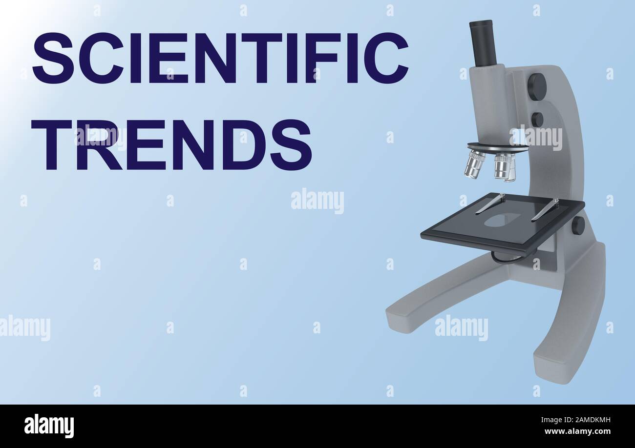 3D illustration of a microscope with SCIENTIFIC TRENDS title, isolated ...