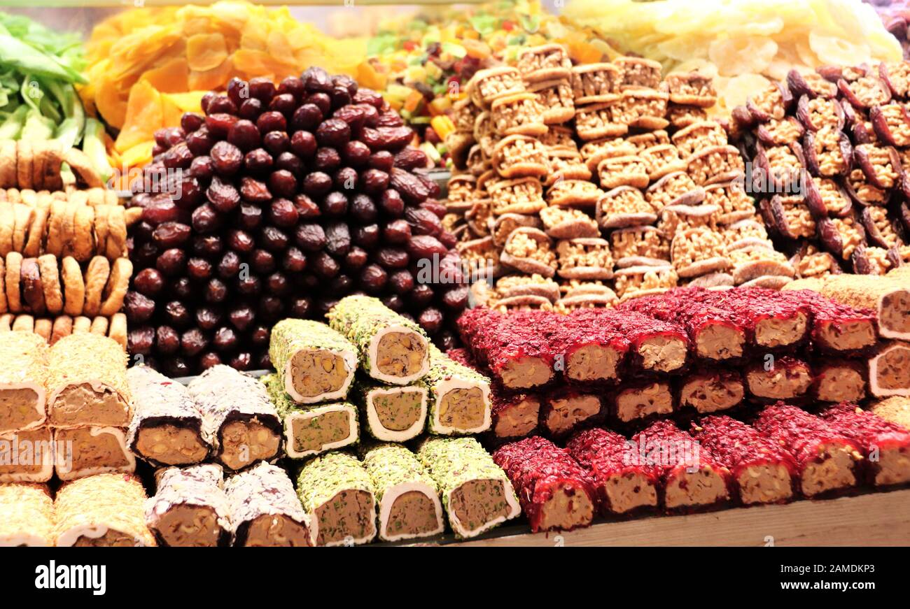 Traditional turkish delights from nuts, sugar, honey, syrup and dried ...