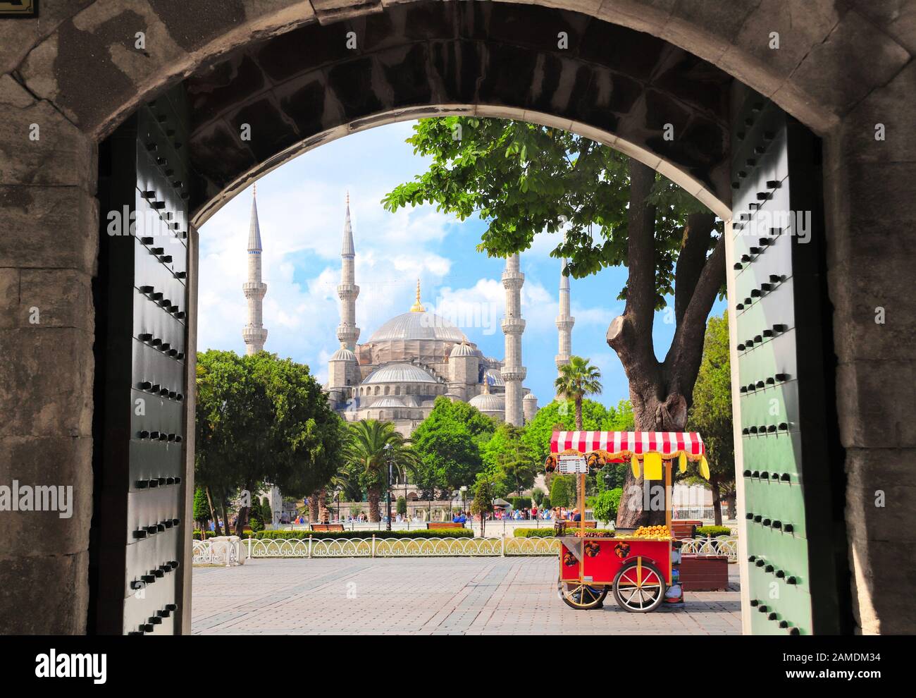 View through the old gate on Blue mosque (Sultan Ahmet mosque) and ...