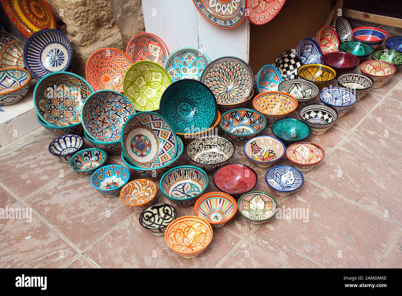 Traditional moroccan souvenirs - plates and pots made of clay, street ...