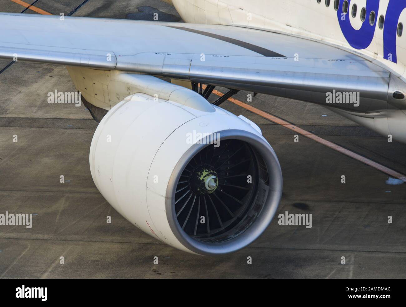 Tokyo, Japan - Nov 2, 2019. Engine of Japan Airlines Boeing 777-200ER ...