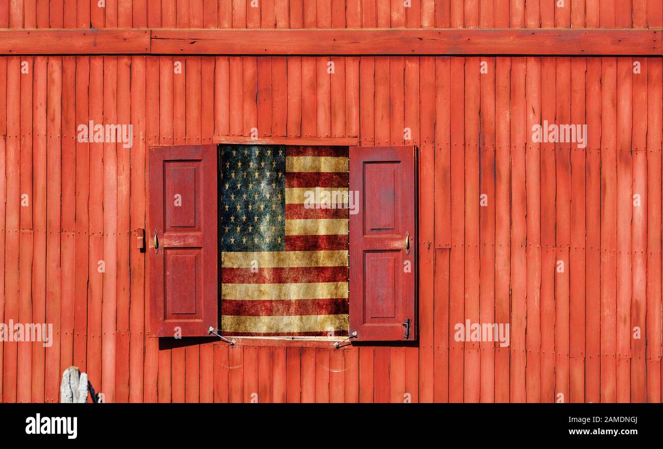 Wooden architecture with hanging US flag on window Stock Photo - Alamy