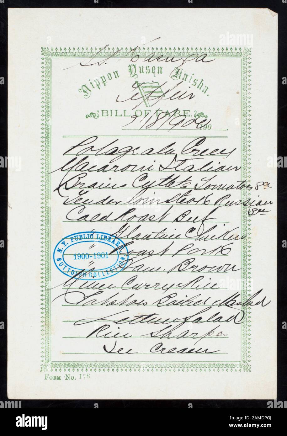 TIFFIN (held by) NIPPON YUSEN KAISHA (at) ABOARD SS KASUGA (SS;) HAND ...