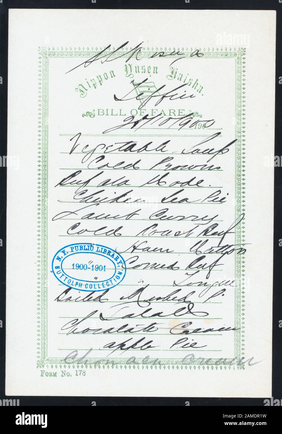 TIFFIN (held by) NIPPON YUSEN KAISHA (at) EN ROUTE ABOARD SS KASUGA (SS ...