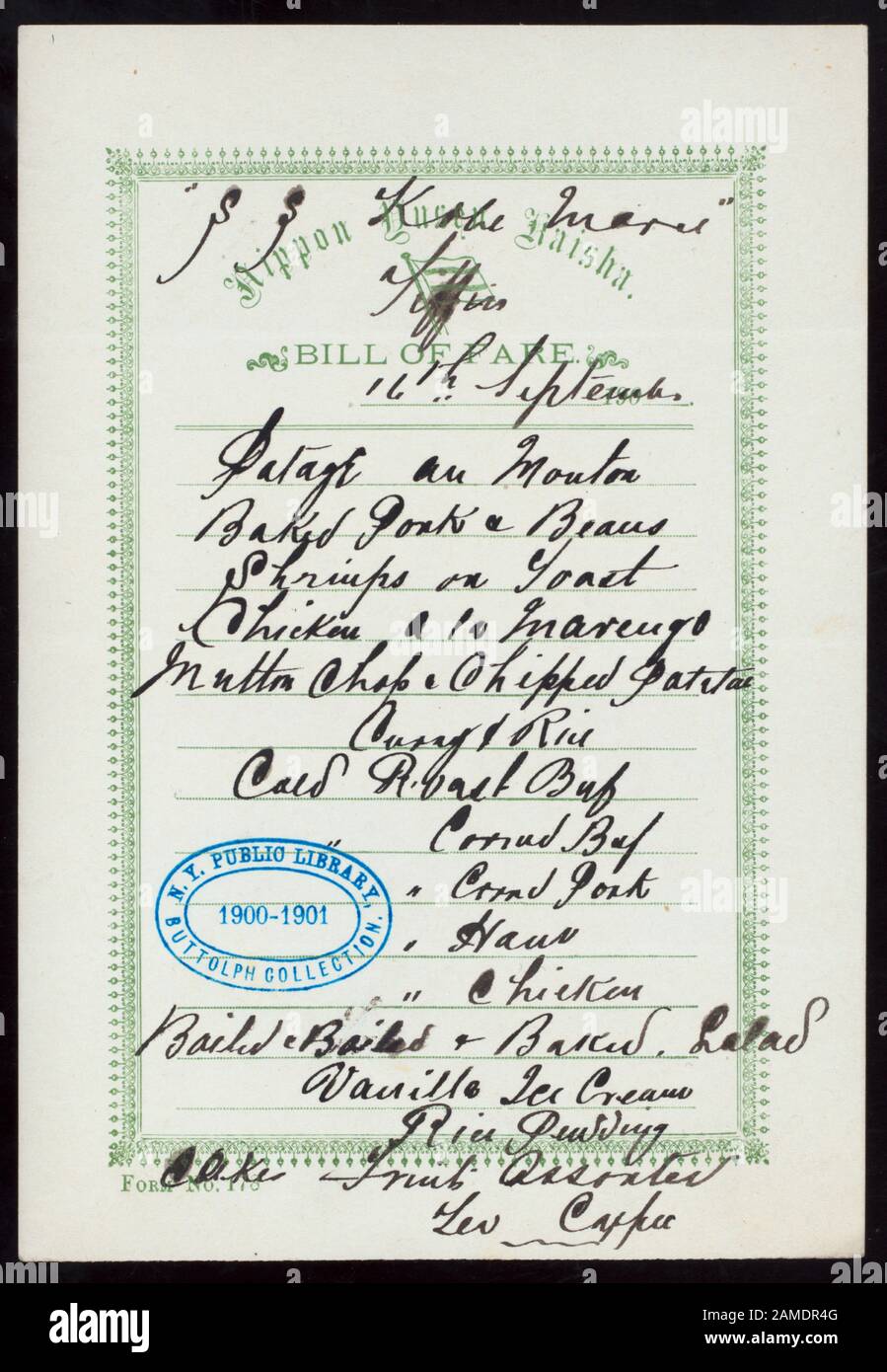 TIFFIN (held by) NIPPON YUSEN KAISHA (at) EN ROUTE ABOARD SS KOBE MARU ...