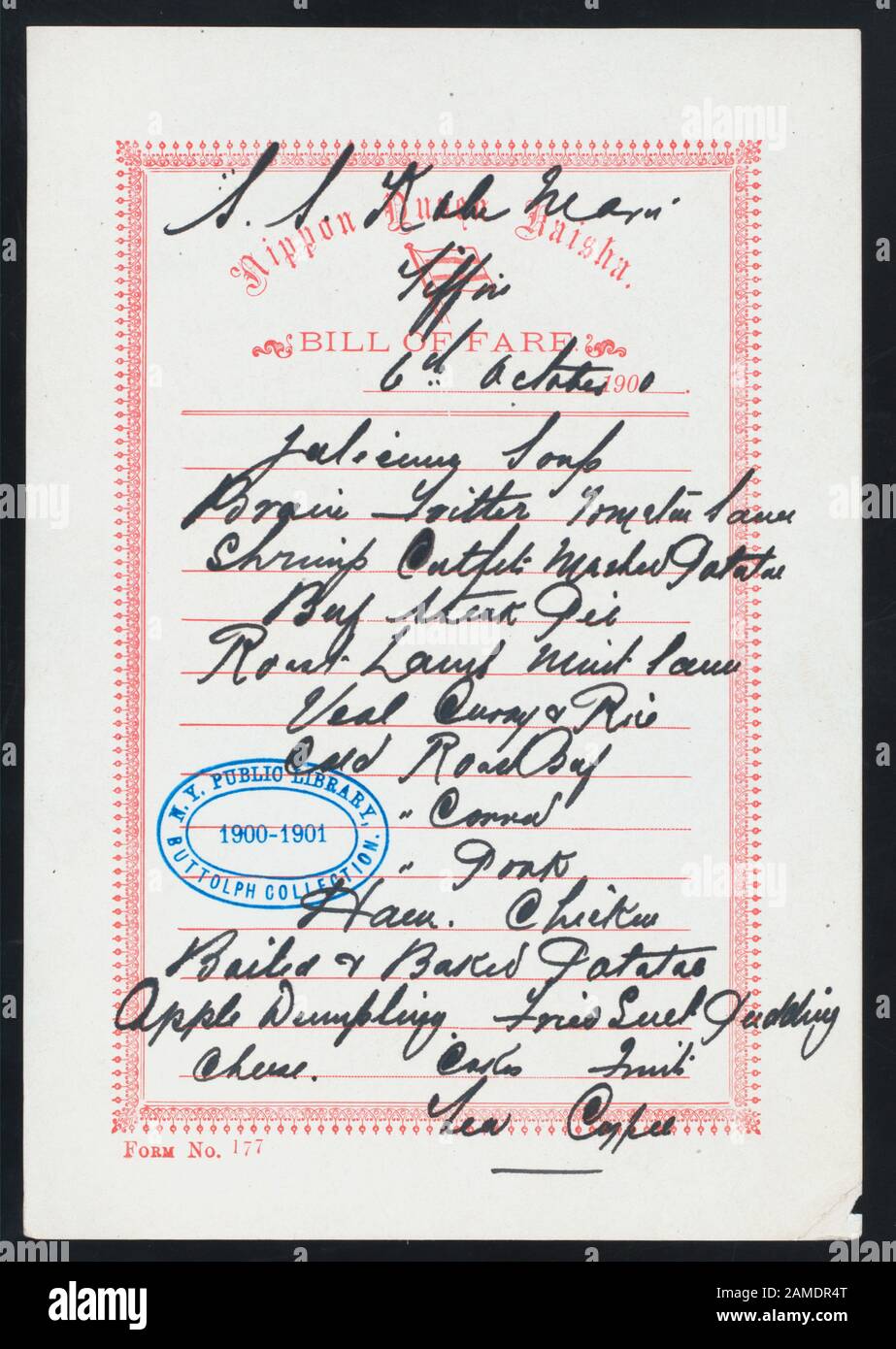 TIFFIN (held by) NIPPON YUSEN KAISHA (at) EN ROUTE ABOARD SS KOBE MARU ...