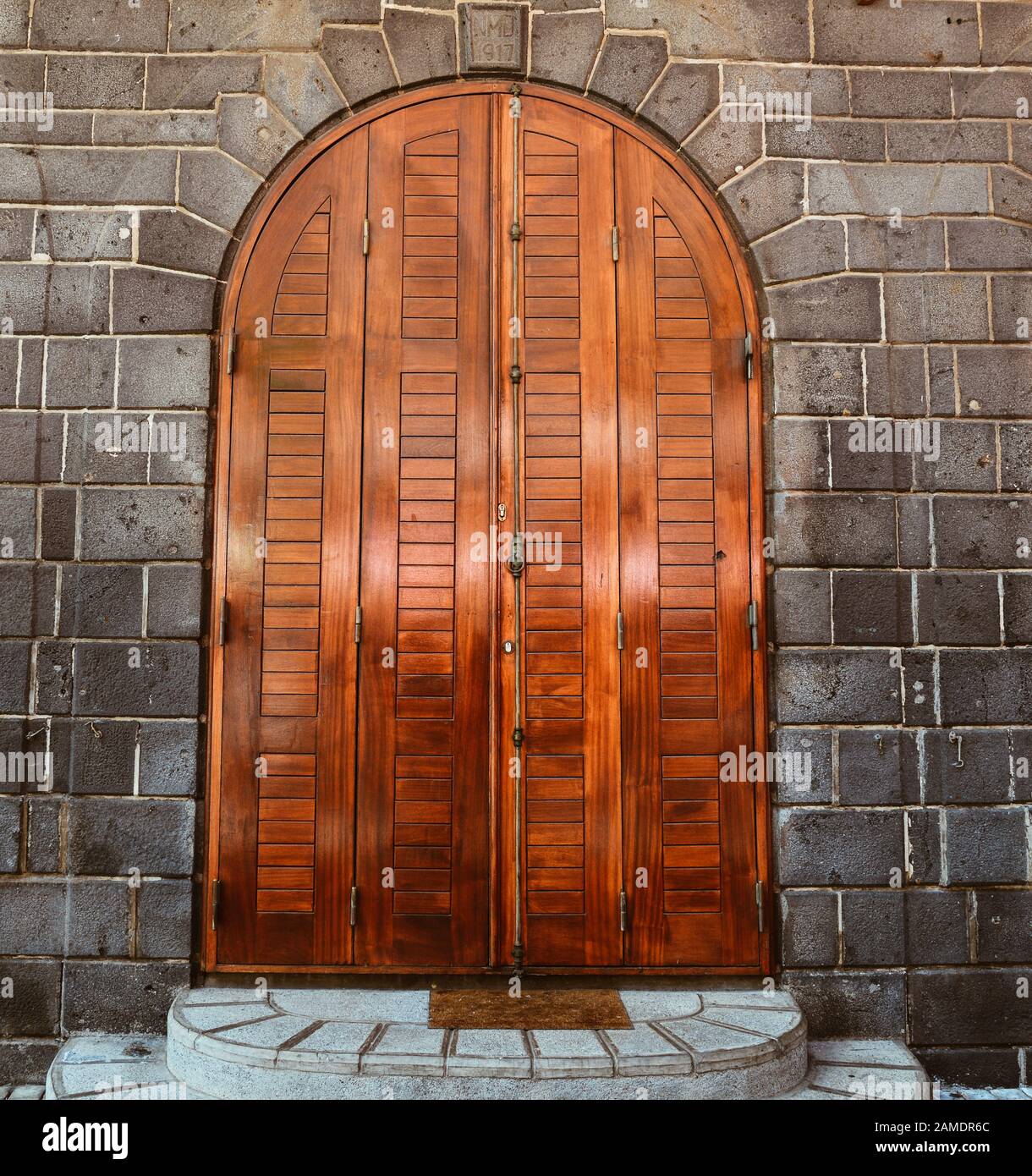 Wooden door of historic building in downtown of Port Louis, Mauritius ...