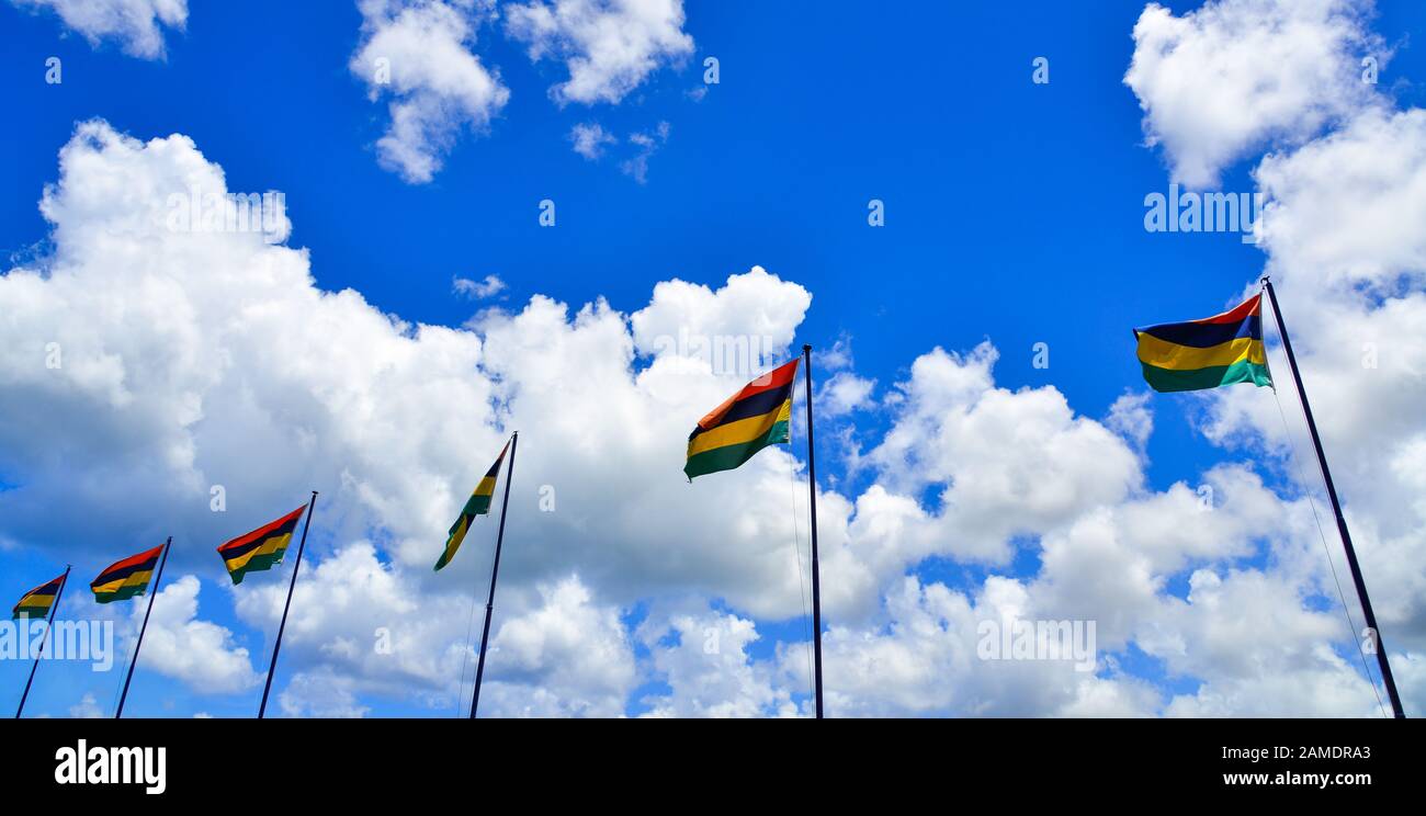 Mauritius national flags waving in the wind (Port Louis, Mauritius ...