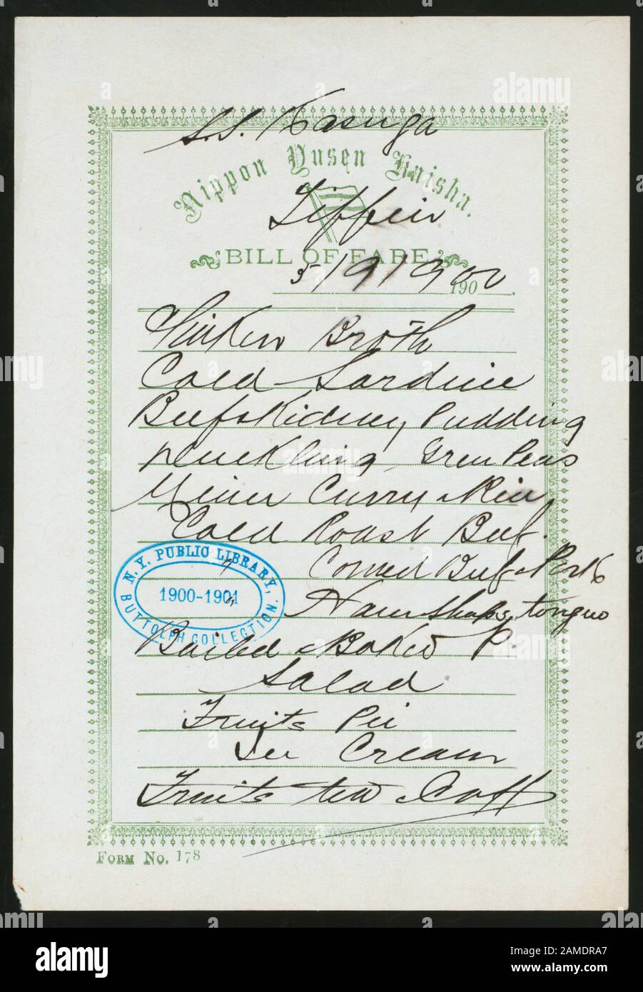 TIFFIN (held by) NIPPON YUSEN KAISHA (at) SS KASUGA (SS;FOREIGN;) 1900 ...