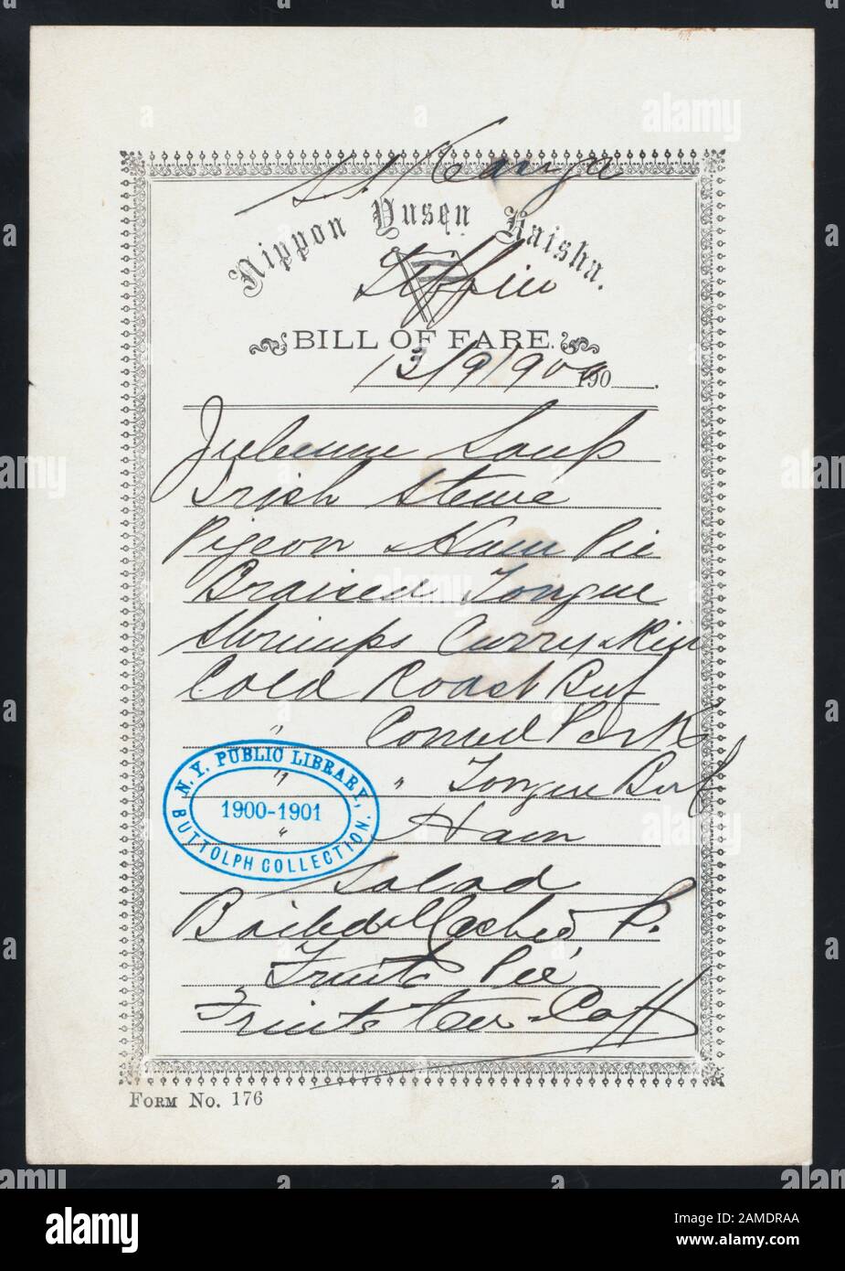 TIFFIN (held by) NIPPON YUSEN KAISHA (at) SS KASUPA (SS) MENU ...