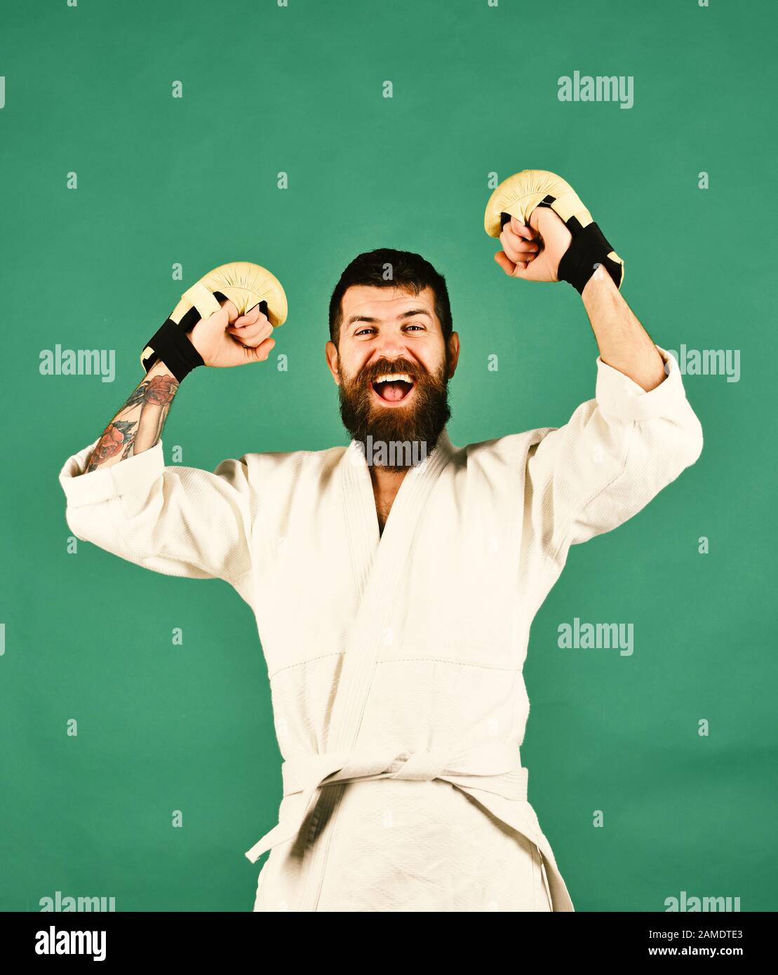 MMA fighter wins martial arts competition. Sports and combat concept ...