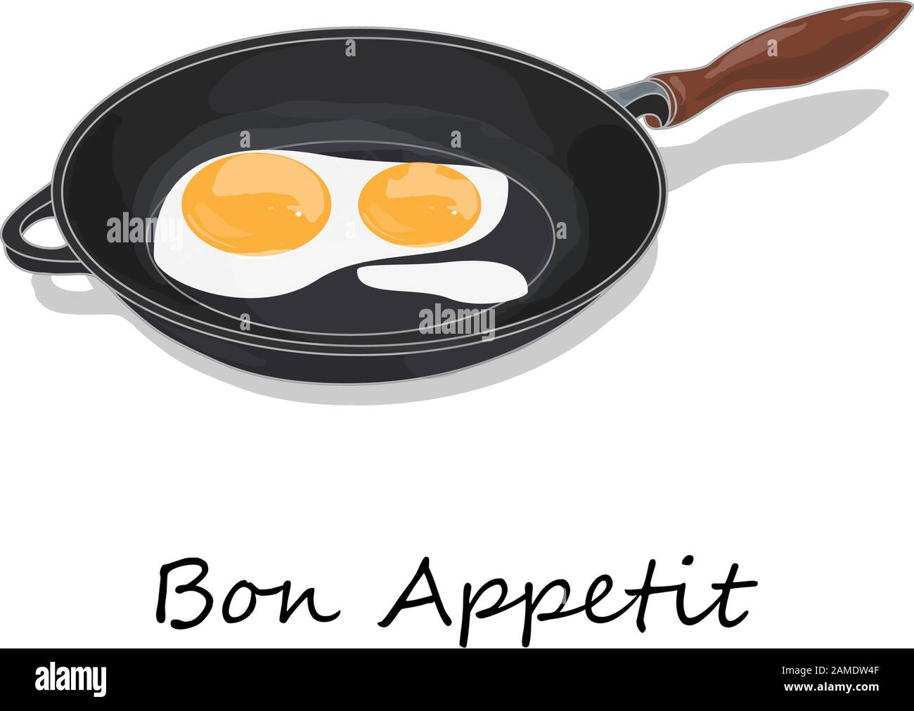 Fried egg. Close up view of the fried egg on a frying pan. Vector ...