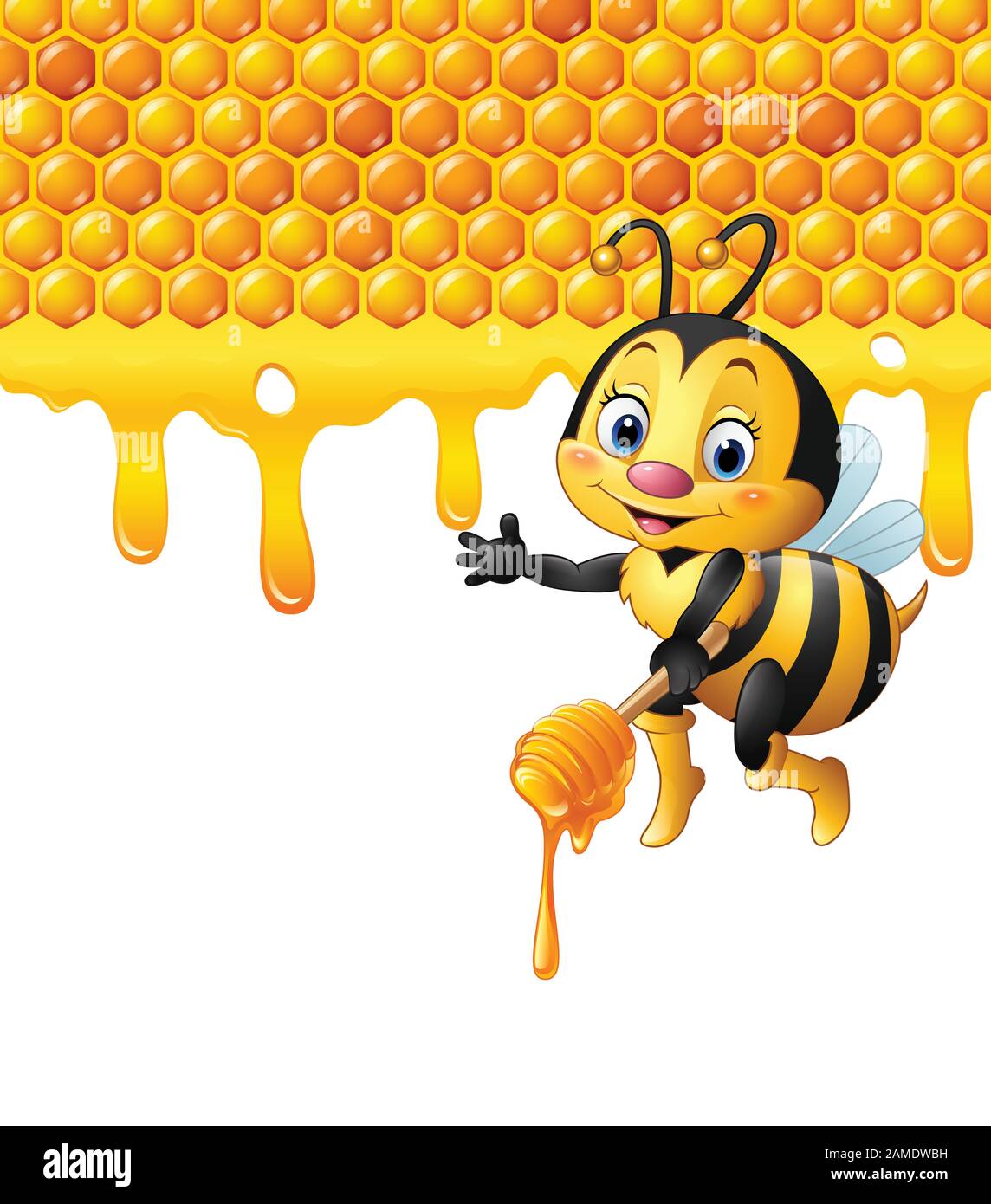 Cartoon bee holding dipper with honeycomb and honey dripping Stock ...