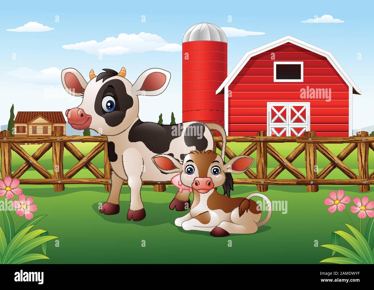 Cartoon cow and calf with farm background Stock Vector Image & Art - Alamy