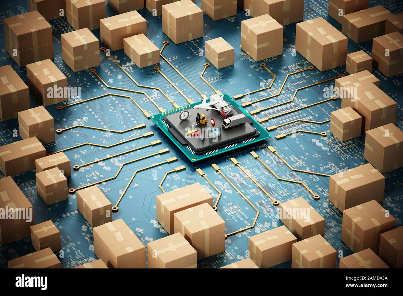 Large group of cardboard boxes connected to microchip. 3D illustration ...