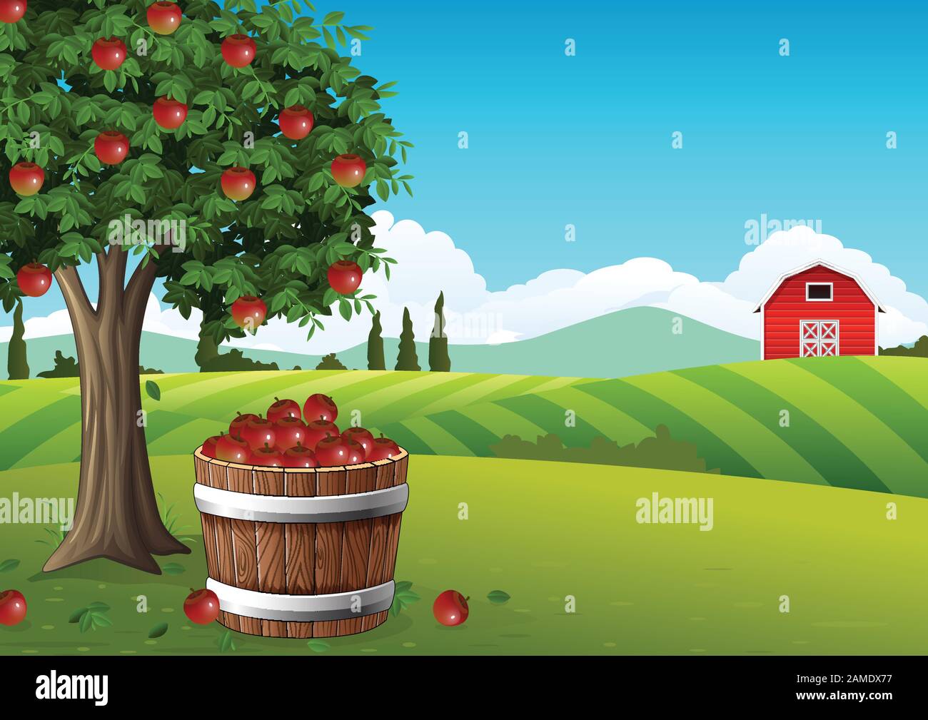 Countryside landscape with apple tree Stock Vector Image & Art - Alamy