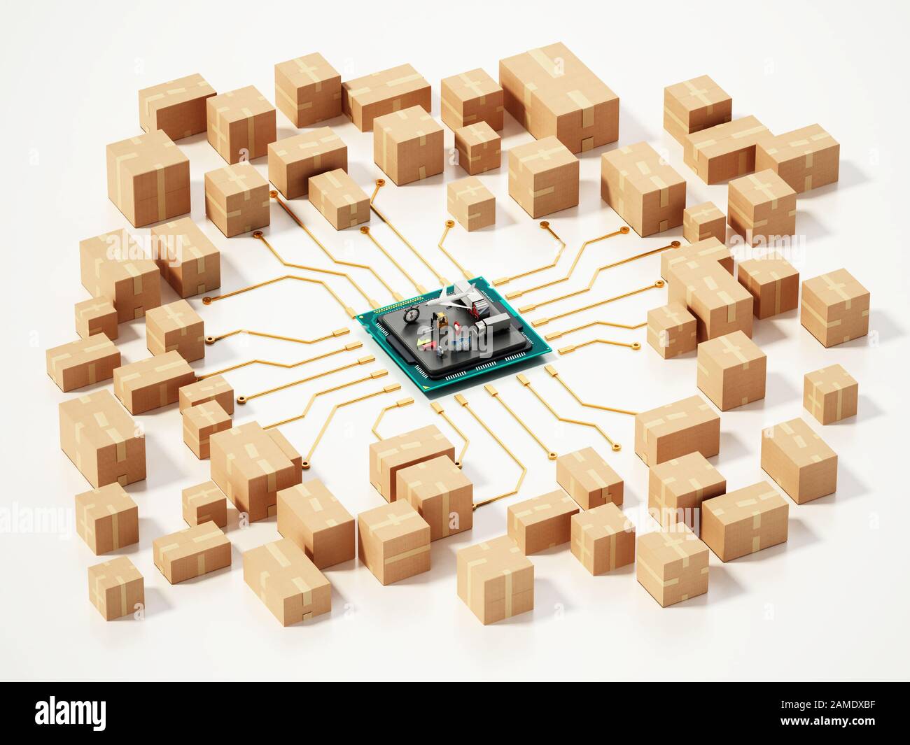 Large group of cardboard boxes connected to microchip. 3D illustration ...