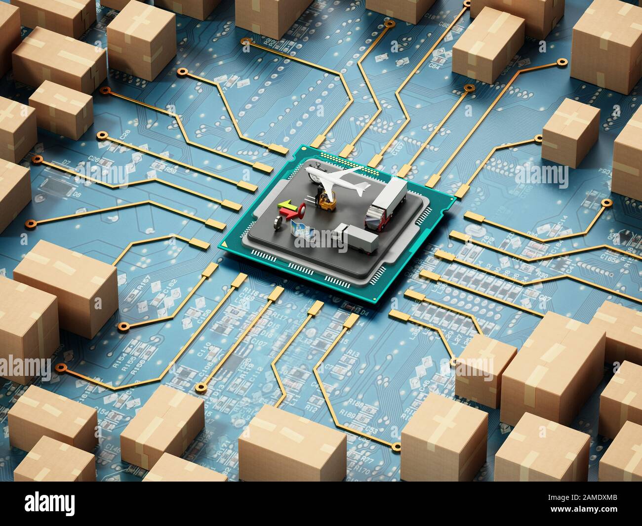 Large group of cardboard boxes connected to microchip. 3D illustration ...