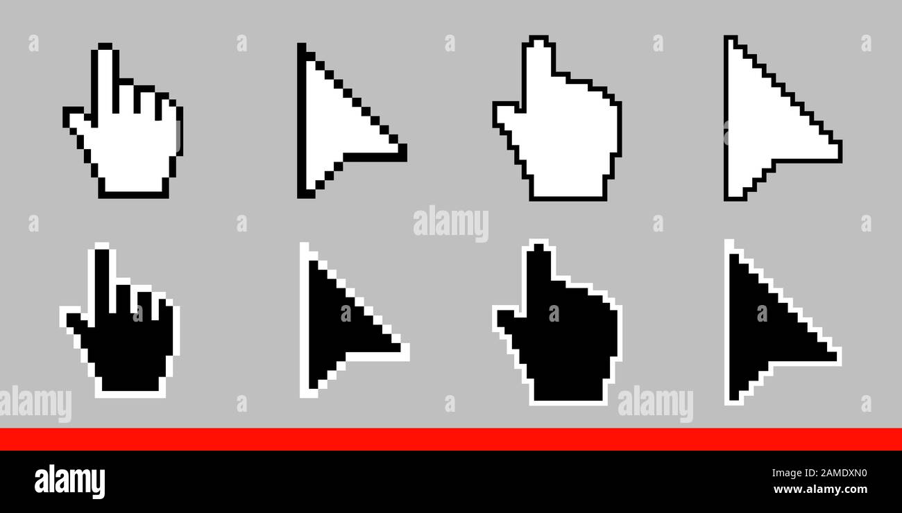 Black and white arrow pixel and pixel mouse hand cursors icon vector illustration set flat style ...