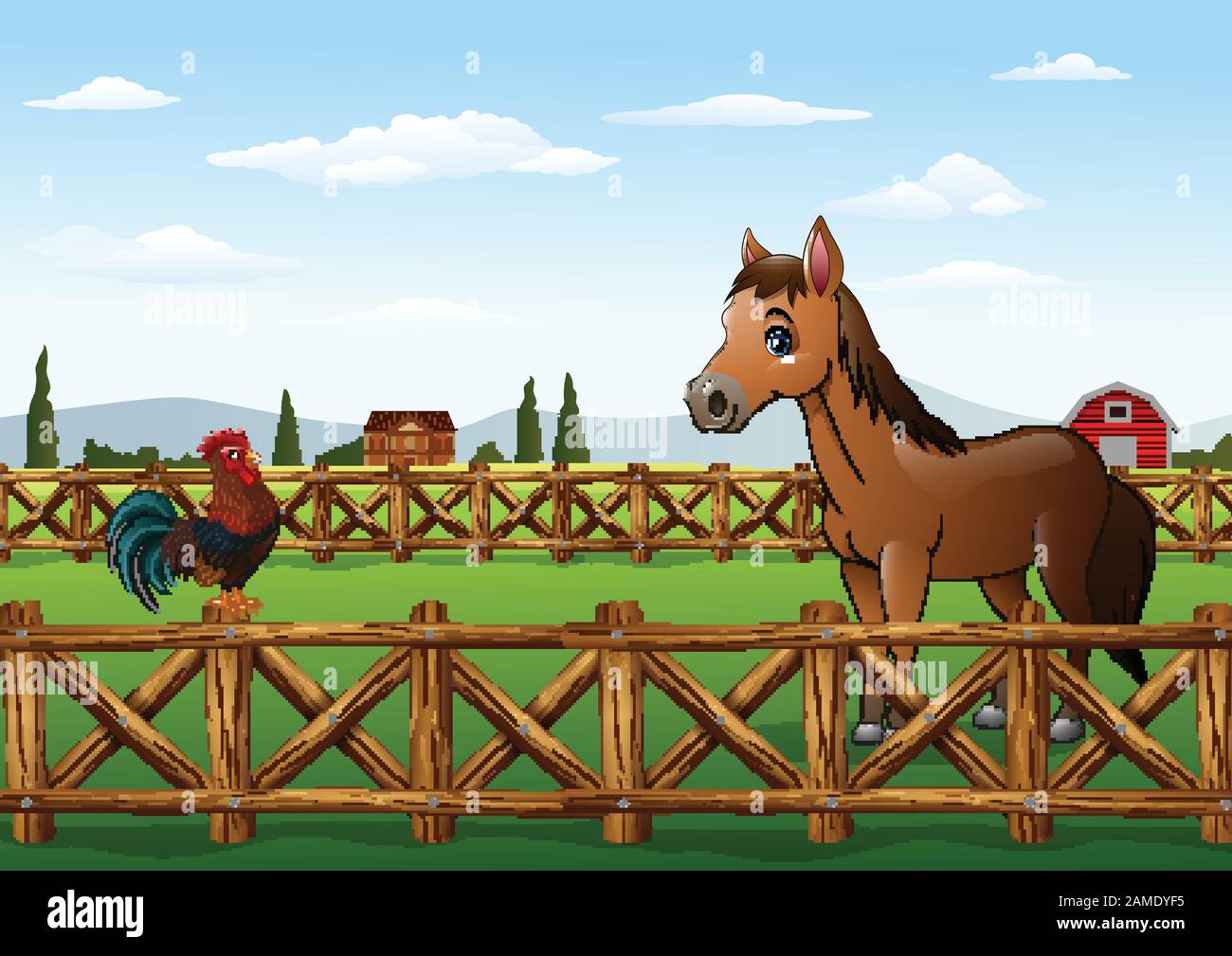 Cartoon rooster and horse with farm background Stock Vector Image & Art ...