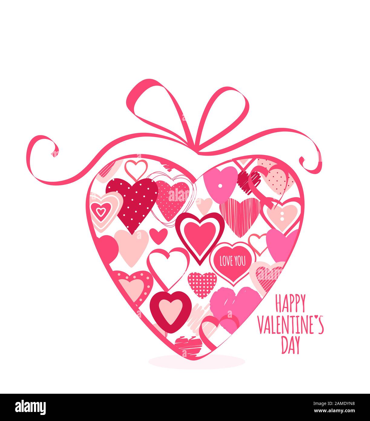 Happy Valentine's day card with hearts of different shapes, red and ...