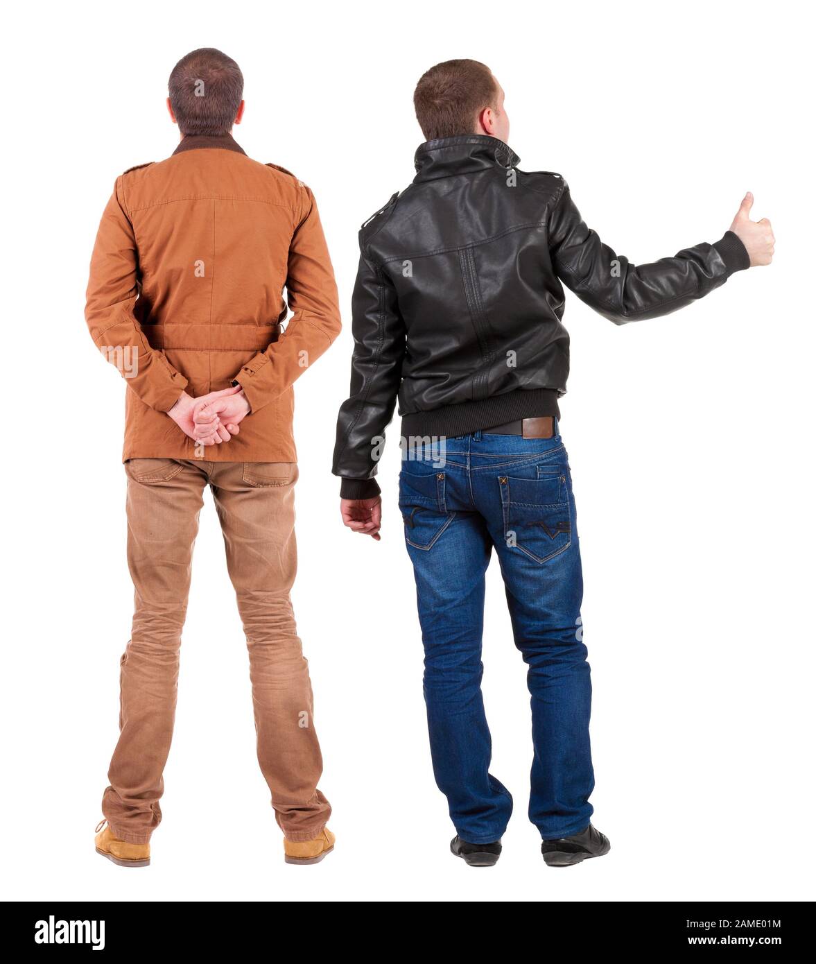 Back view of two man in winter jacket showing thumb up. Rear view ...