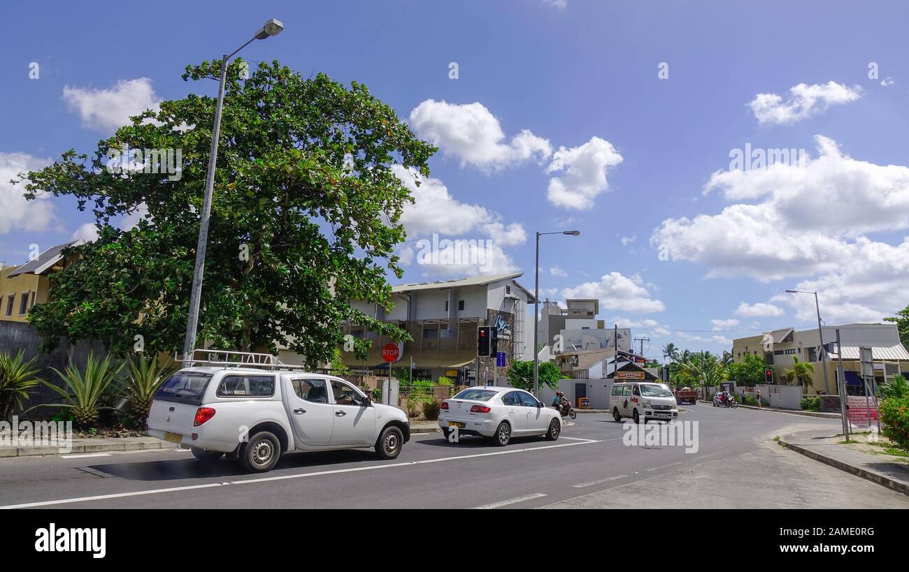 Le Morne, Mauritius - Jan 4, 2017. Cars on rural road in Mauritius ...