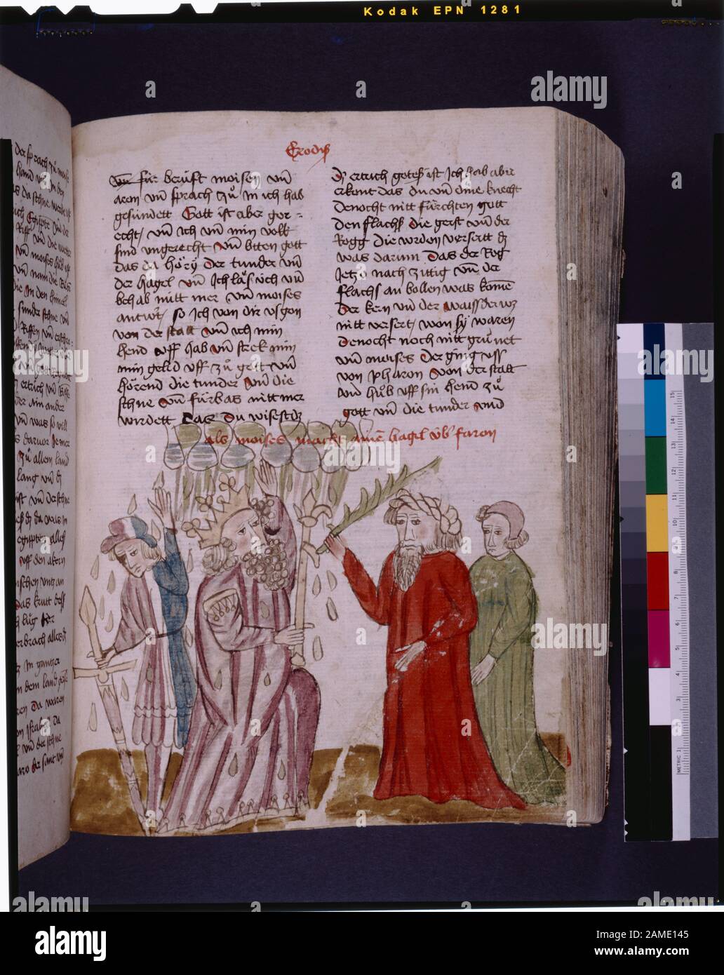 Text with rubric and placemarkers Half-page miniature of Moses, Pharaoh ...