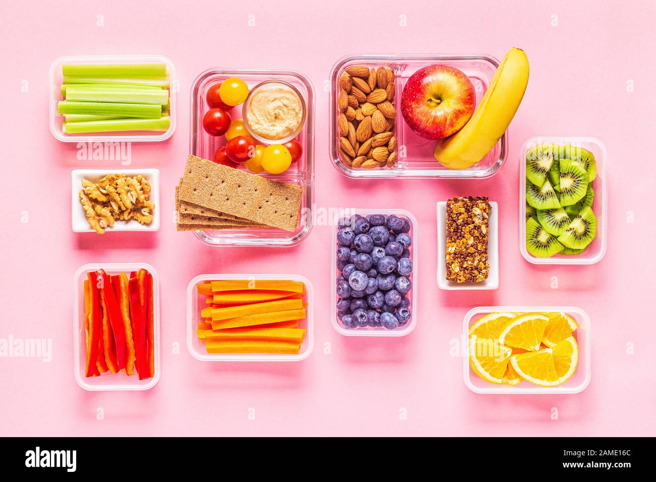 Healthy snack on a pastel background, top view Stock Photo - Alamy