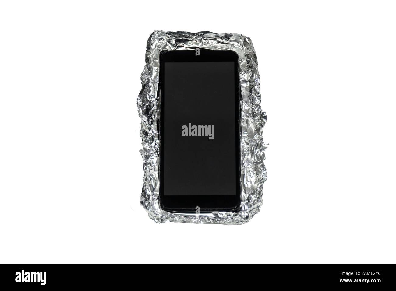 Smartphone and protection case made out of aluminum foil isolated on ...