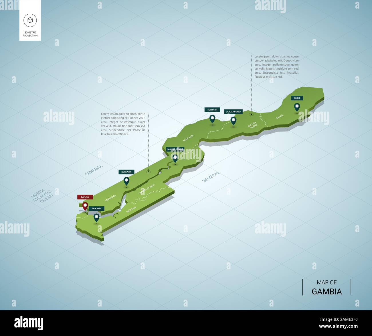 Stylized Map Of Gambia Isometric 3d Green Map With Cities Borders