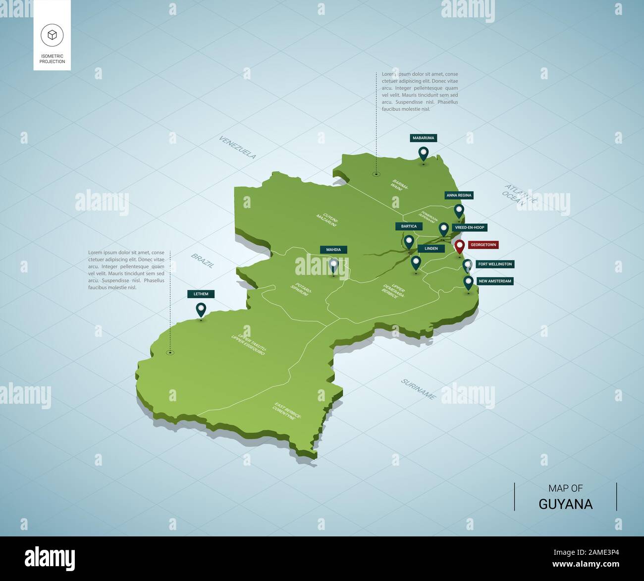 Stylized map of Guyana. Isometric 3D green map with cities, borders ...