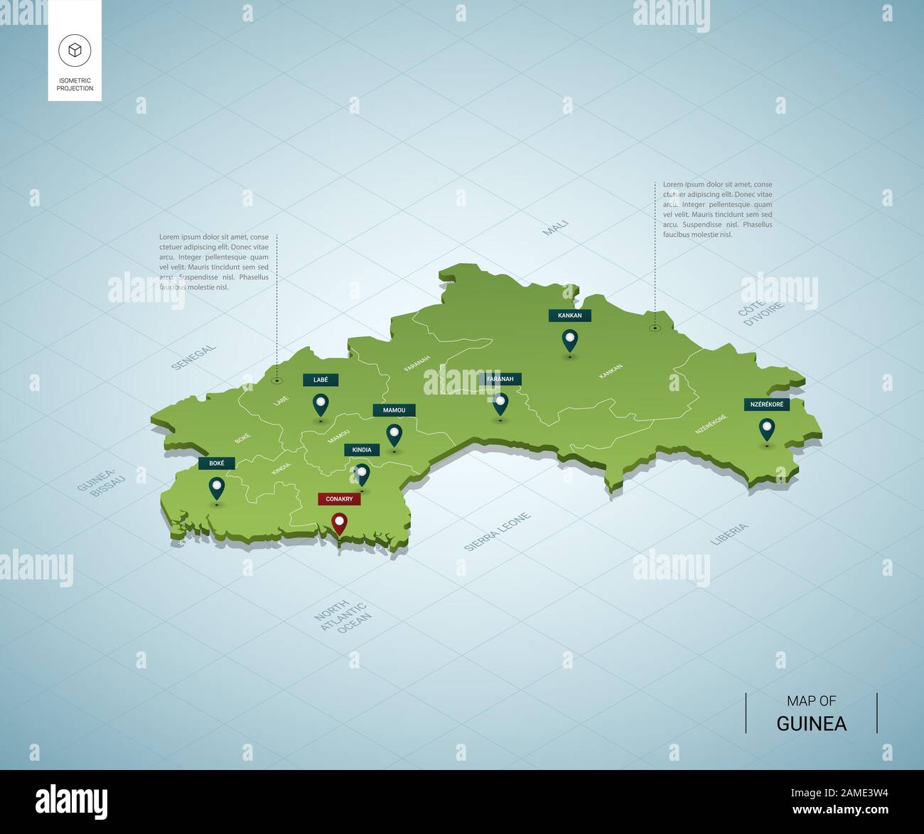 Stylized map of Guinea. Isometric 3D green map with cities, borders ...