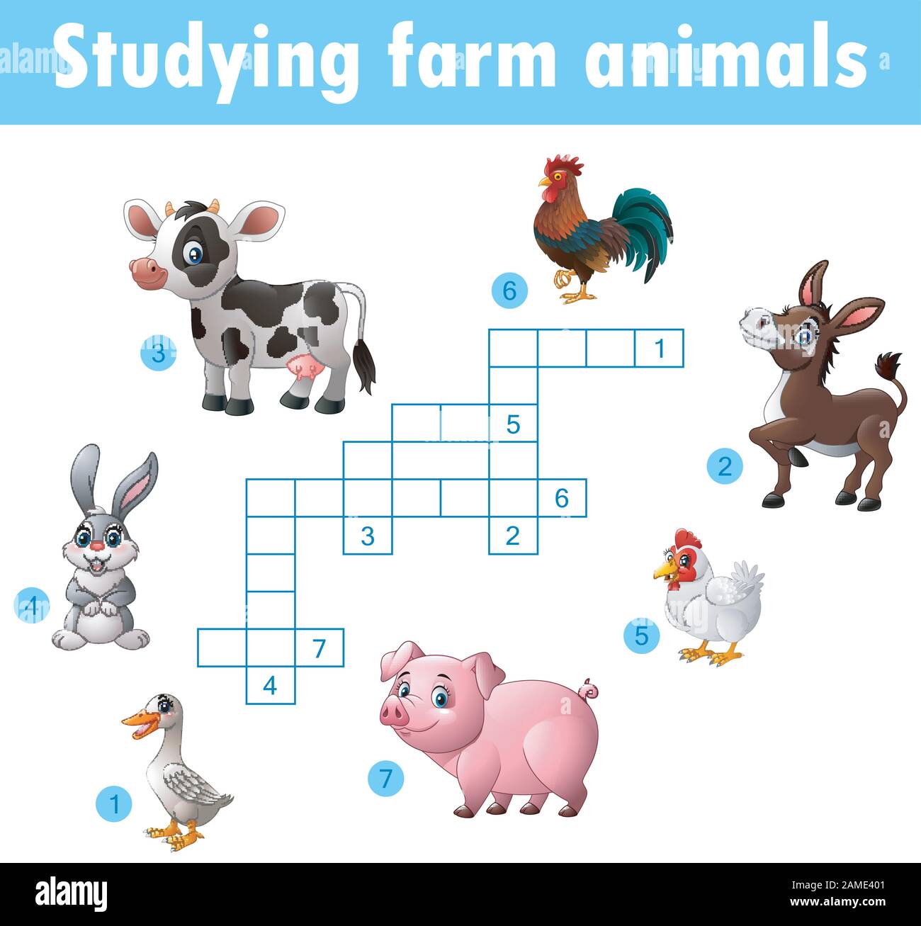Card with crossword, education game for children about farm animals ...