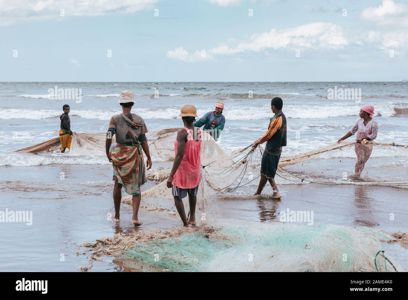 MAROANTSETRA, MADAGASCAR OCTOBER: 19.2016 Native woman fishing on sea ...