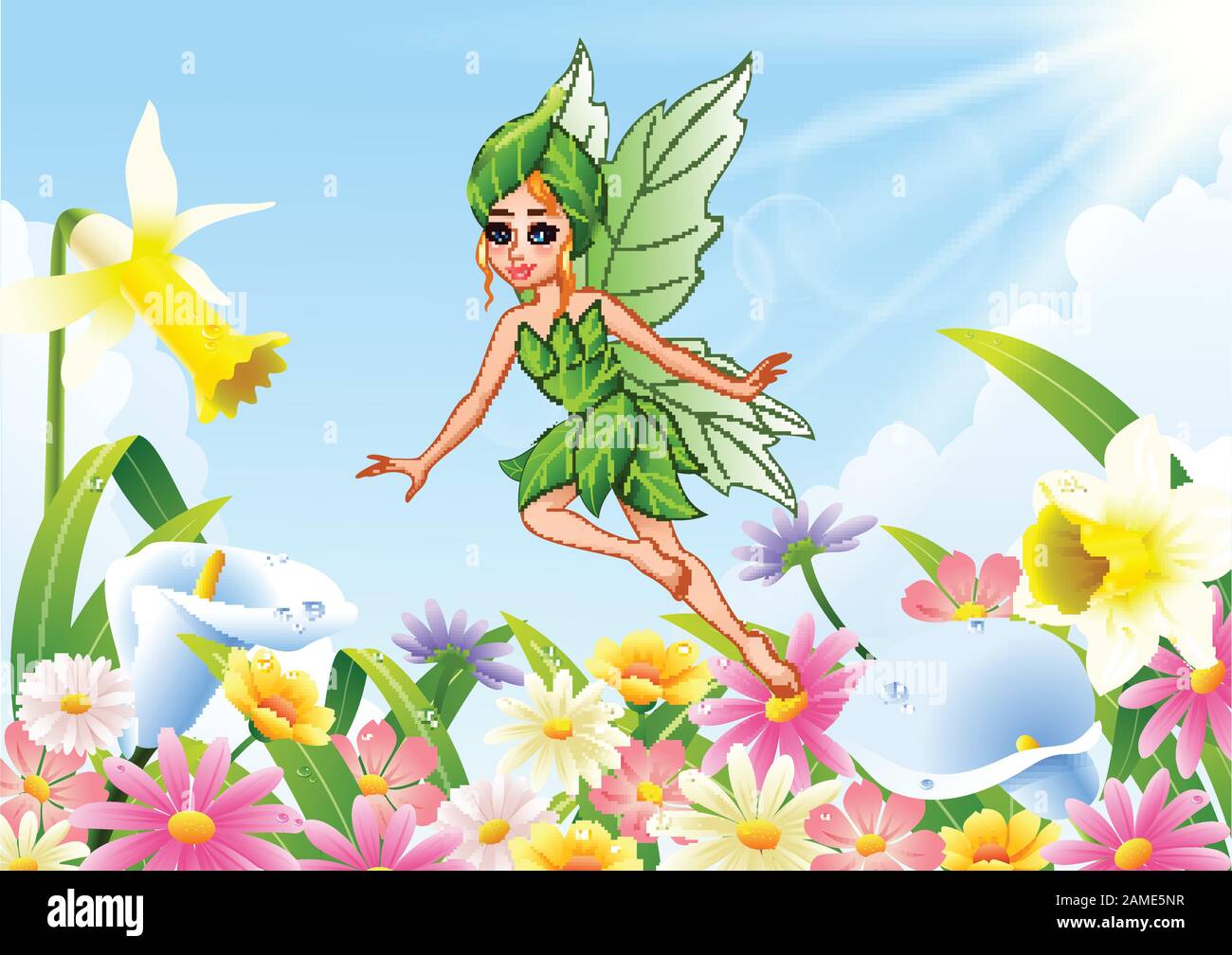 Cute fairy flying on flower field Stock Vector Image & Art - Alamy