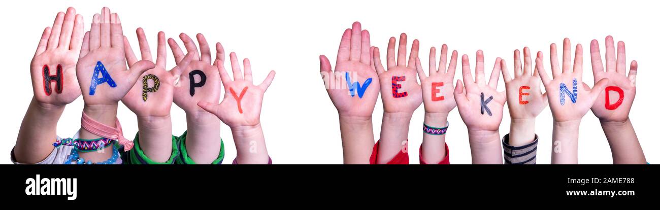 Children Hands Building Colorful Word Happy Weekend. Isolated White ...