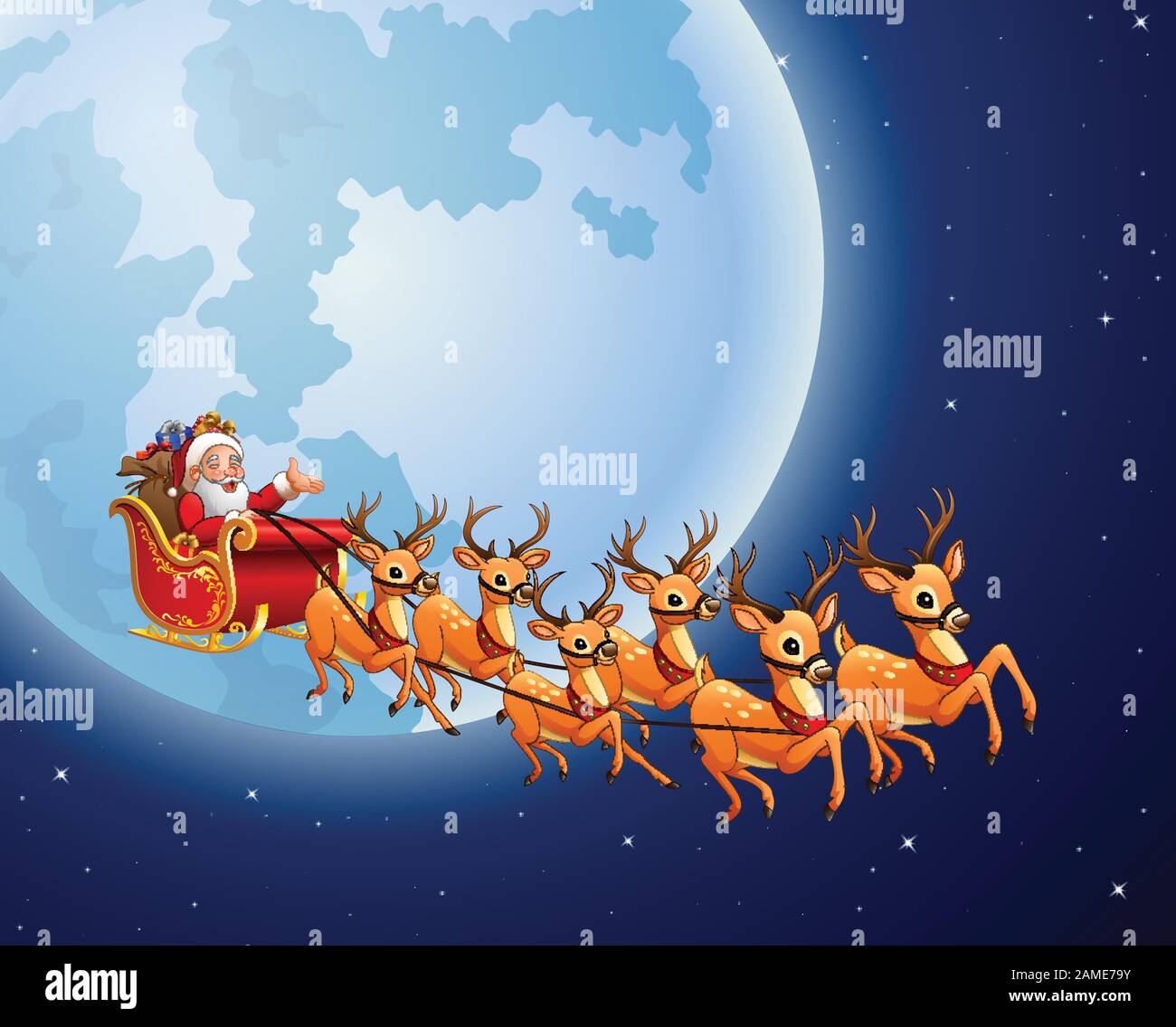 Santa Claus rides reindeer sleigh against a full moon background Stock Vector Image & Art - Alamy