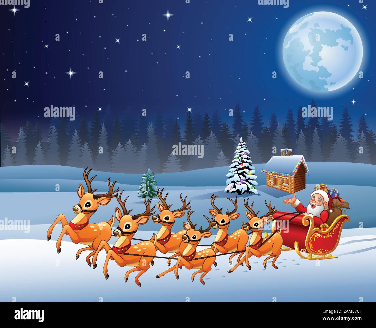 Santa Claus rides reindeer sleigh on Christmas night Stock Vector Image & Art - Alamy
