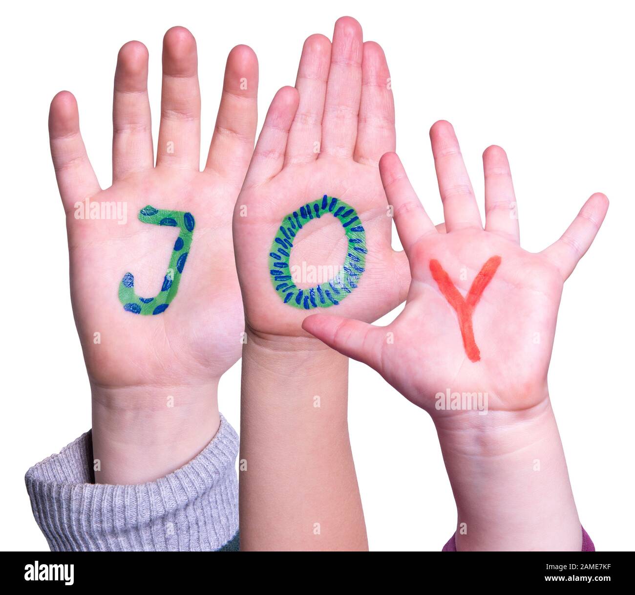 Children Hands Building Colorful Word Joy. Isolated White Background ...