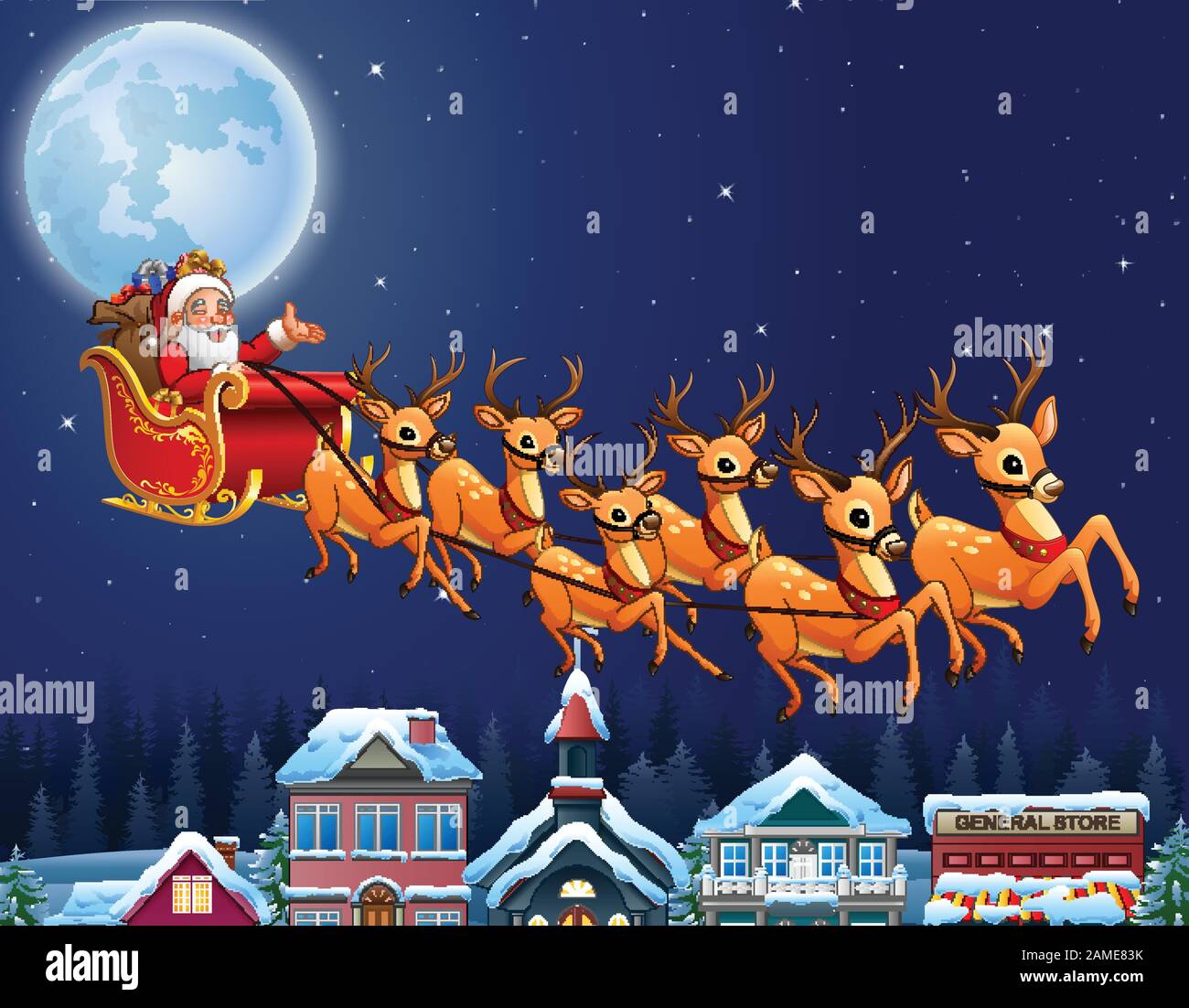 Santa And Reindeer Flying Cartoon