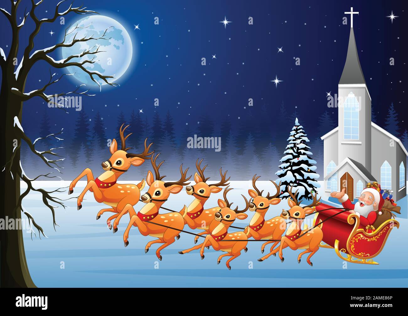 Santa Claus rides reindeer sleigh in front of church in Christmas night Stock Vector Image & Art ...