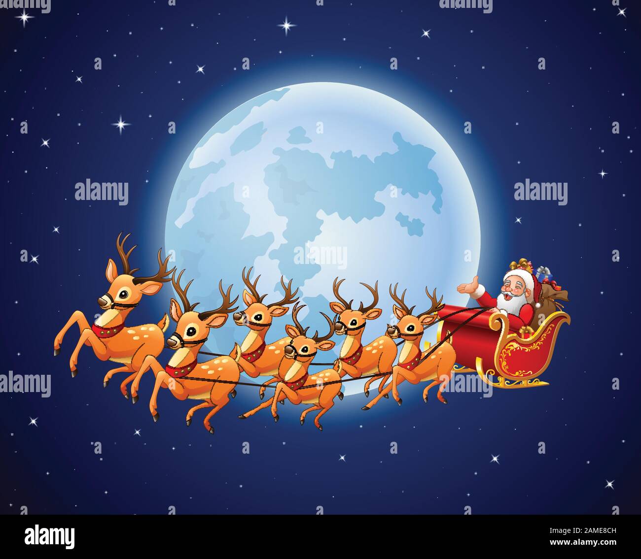 Santa Claus rides reindeer sleigh against a full moon background Stock ...