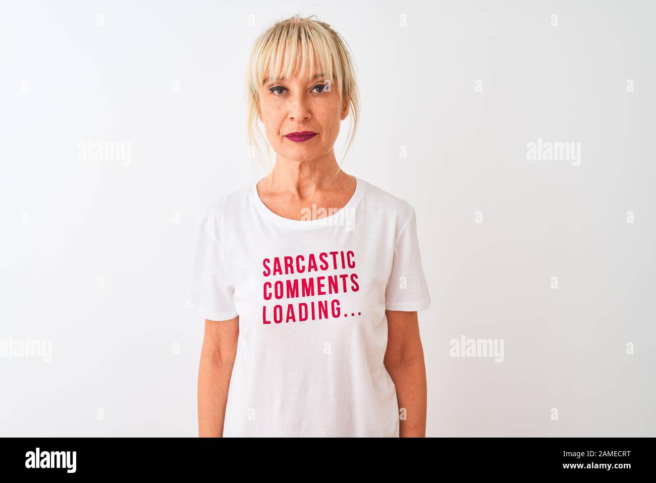 Middle age woman wearing fanny t-shirt with irony comments over ...
