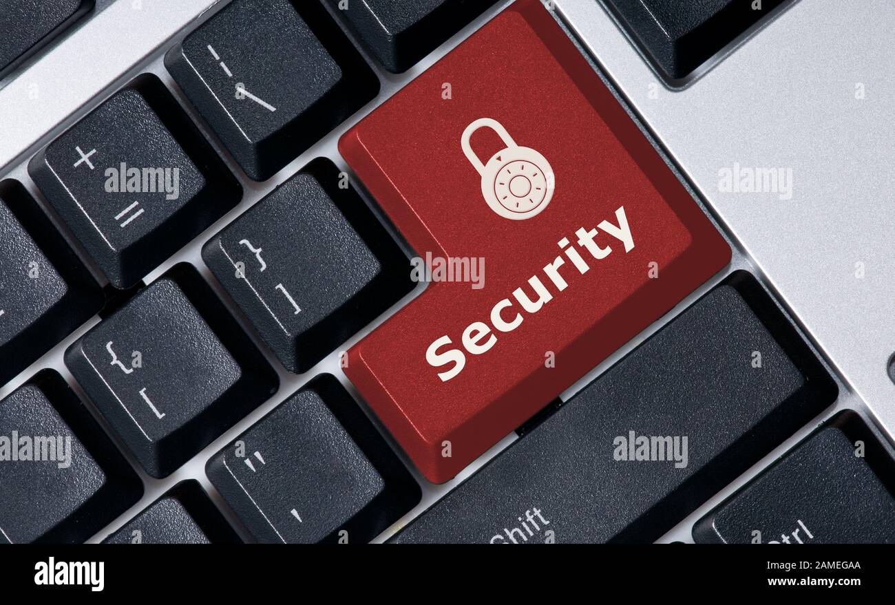 computer keyboard with red security key button concept image Stock ...