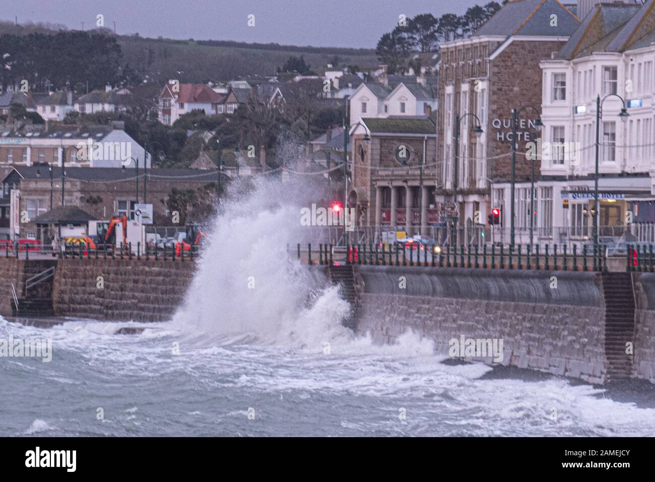 Penzance, Cornwall, UK. 13th January 2020. UK Weather. Winds and waves ...