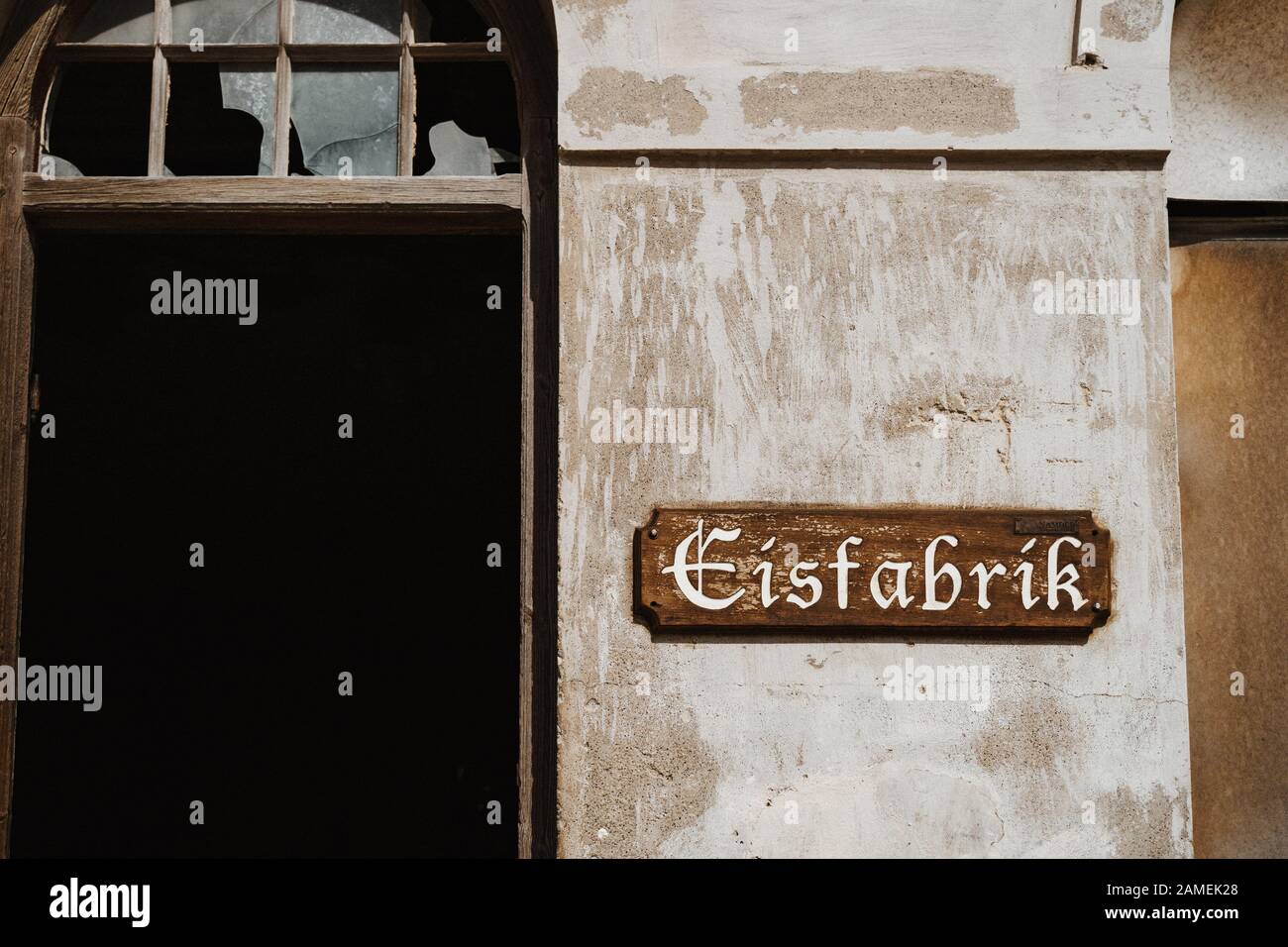 photo of wooden Eisfabrik or ice factory sign Stock Photo - Alamy