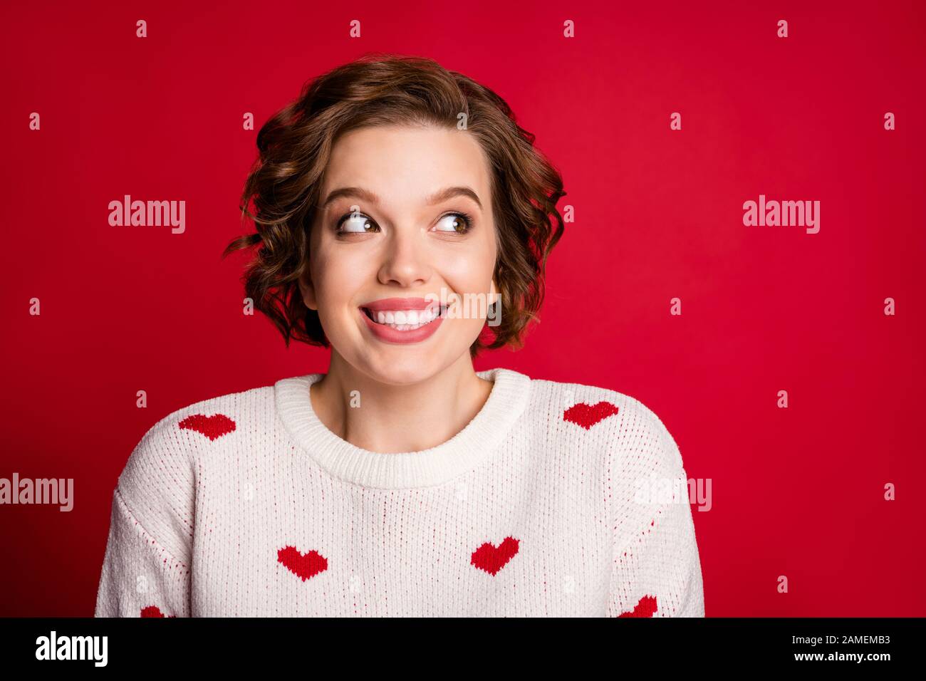 Portrait of positive cheerful excited girl look copyspace wait for ...
