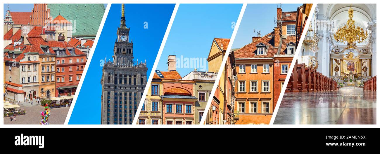 Horizontal banner with a collage of 5 images of the sights of Warsaw ...